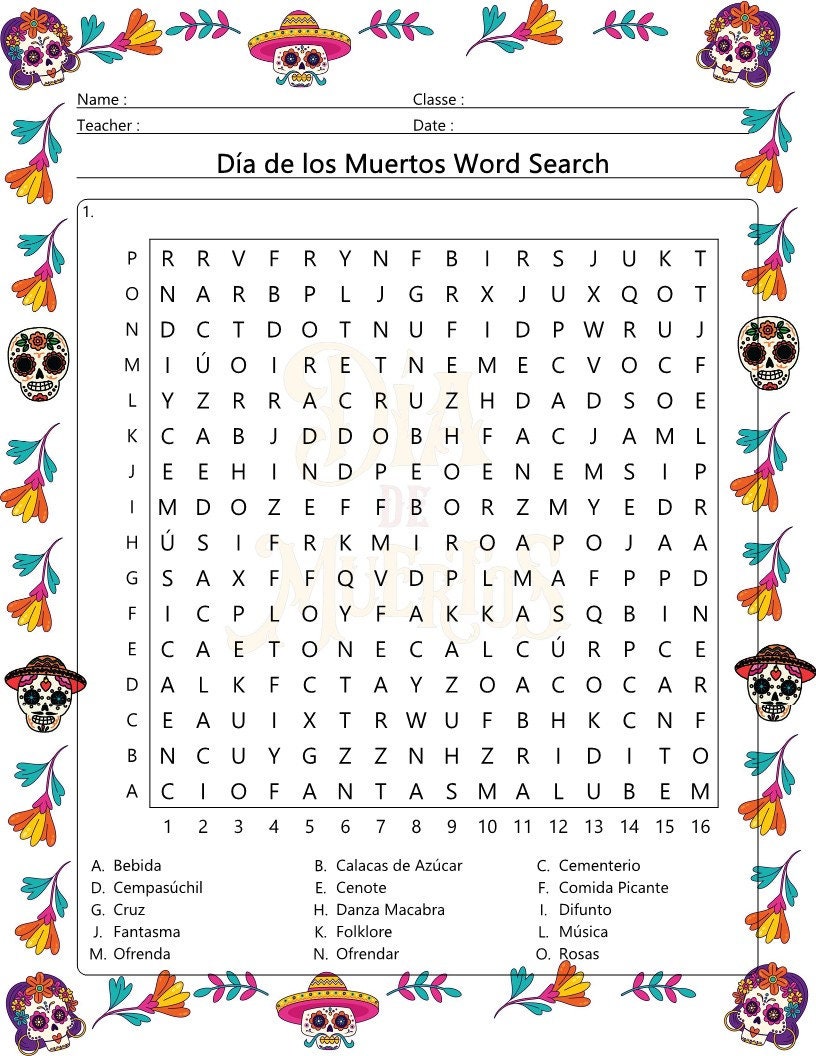 Día De Los Muertos Word Search Printable Day of (Instant Download) - Etsy