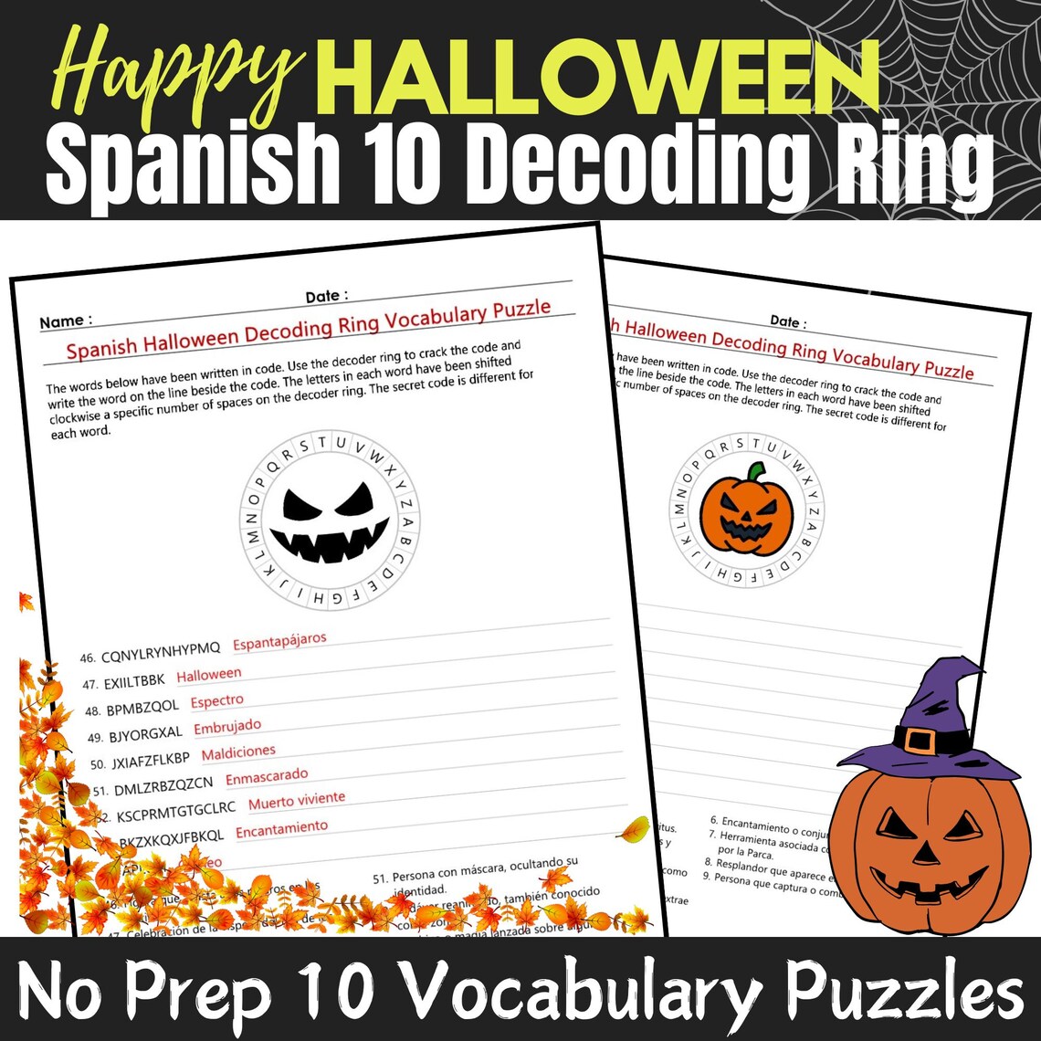 Spanish Halloween 10 Decoding Ring Puzzles Noche De Brujas Espanol ...