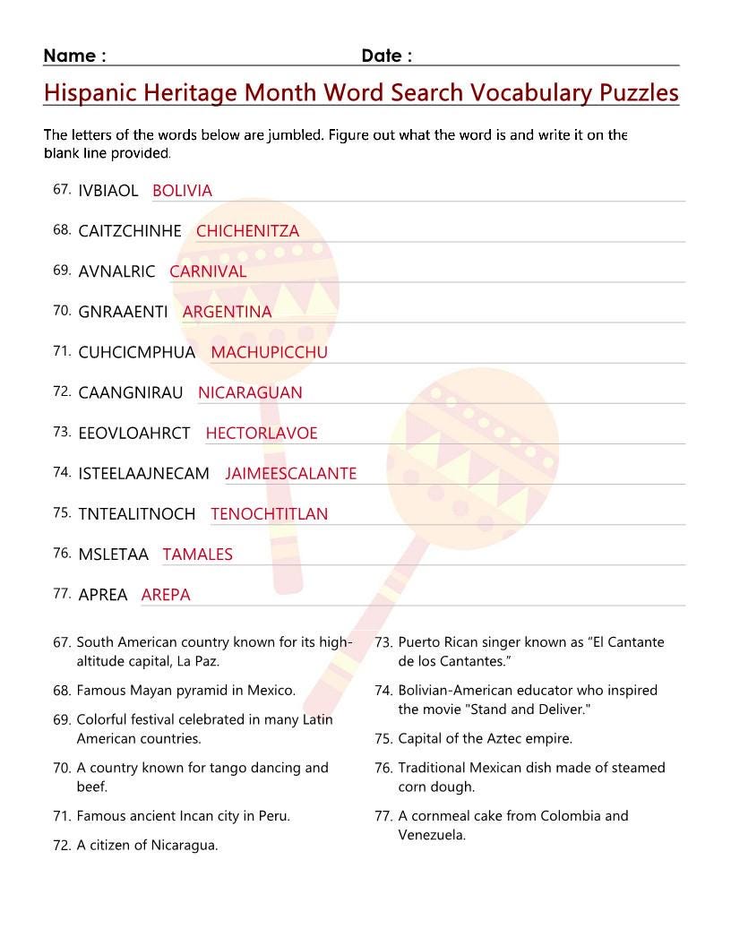 Hispanic Heritage Month Word Scramble Puzzles: Vocabulary Activities ...