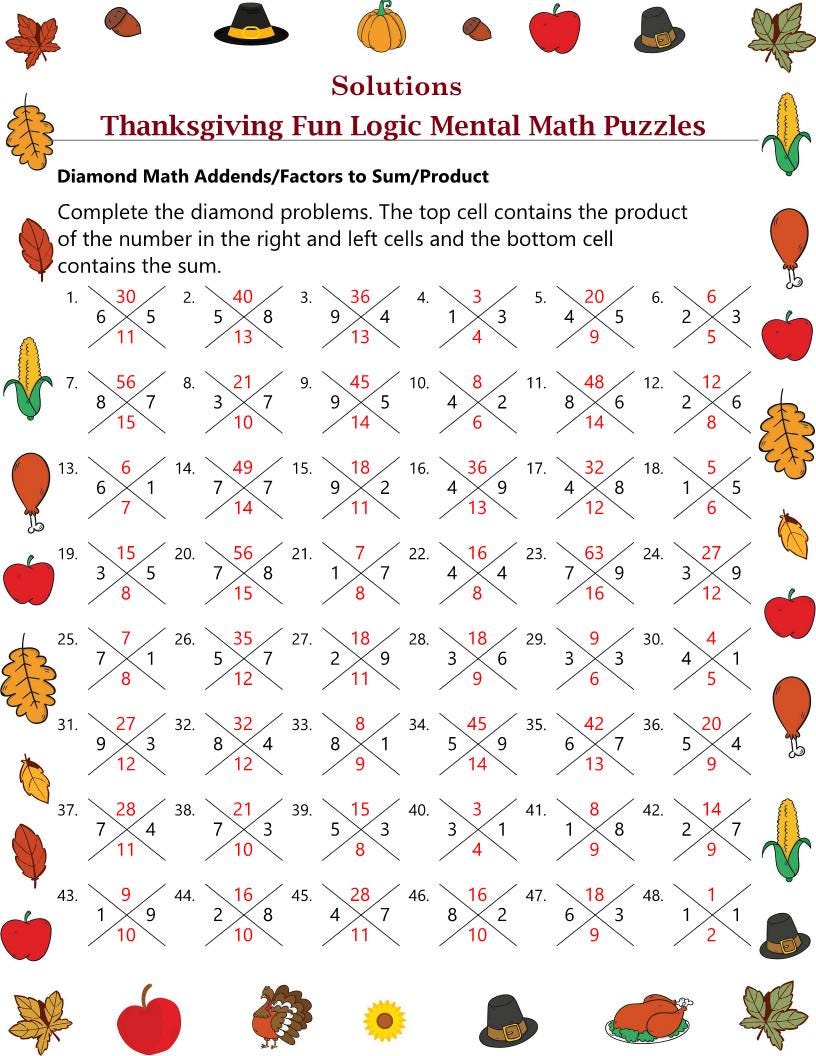 Thanksgiving Mental Math Early Finisher Challenge Critical Thinking ...