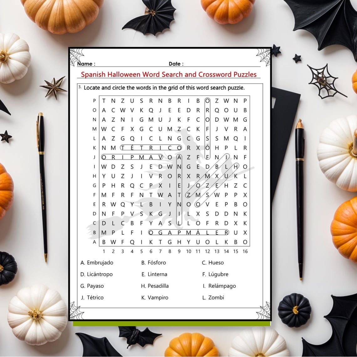 Halloween Printable Spanish Word Search and Crossword 10 Puzzles Noche ...
