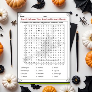 Halloween Printable Spanish Word Search and Crossword 10 Puzzles Noche ...