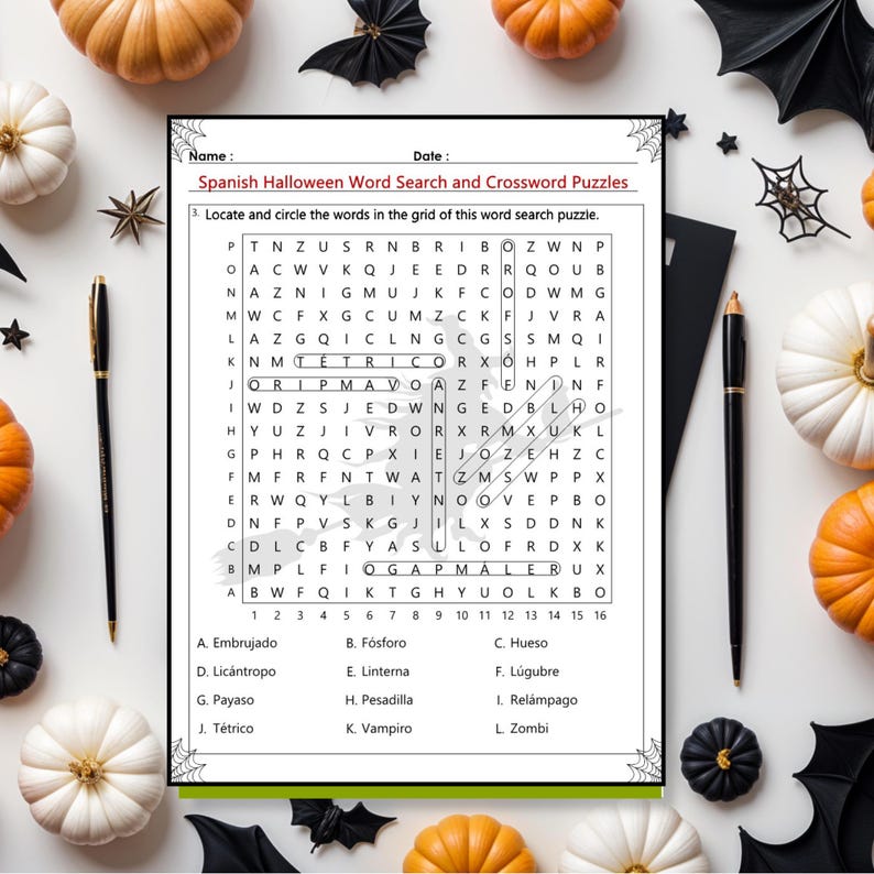 Halloween Printable Spanish Word Search and Crossword 10 Puzzles Noche ...