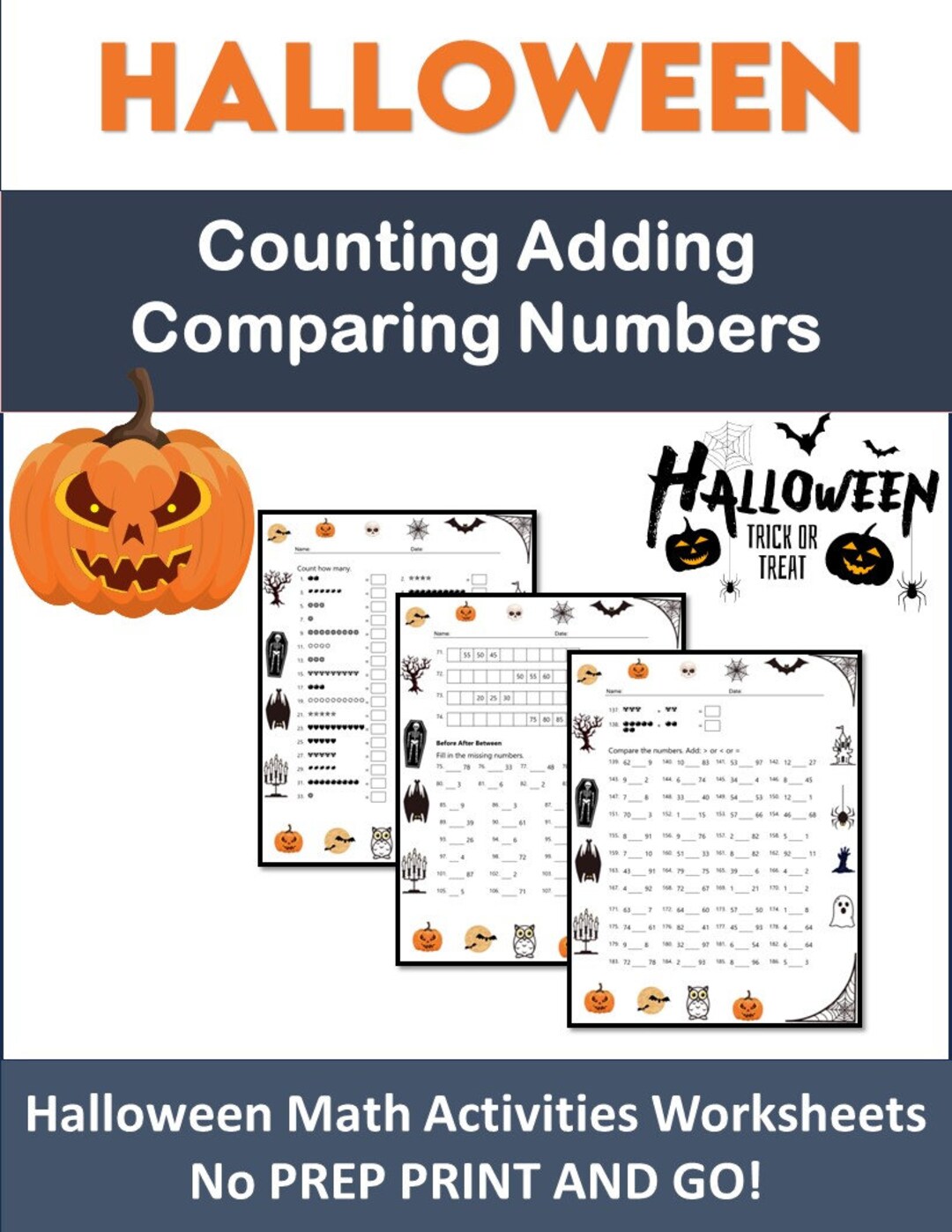 NO PREP Halloween Math Activities Counting Adding Comparing Numbers Sub ...