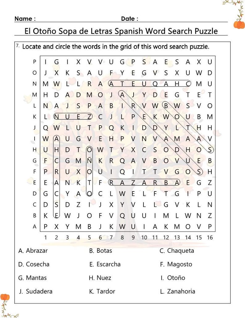Wordsearch Game in Spanish Espanol Sopa De Letras Actividad 7 Puzzles ...