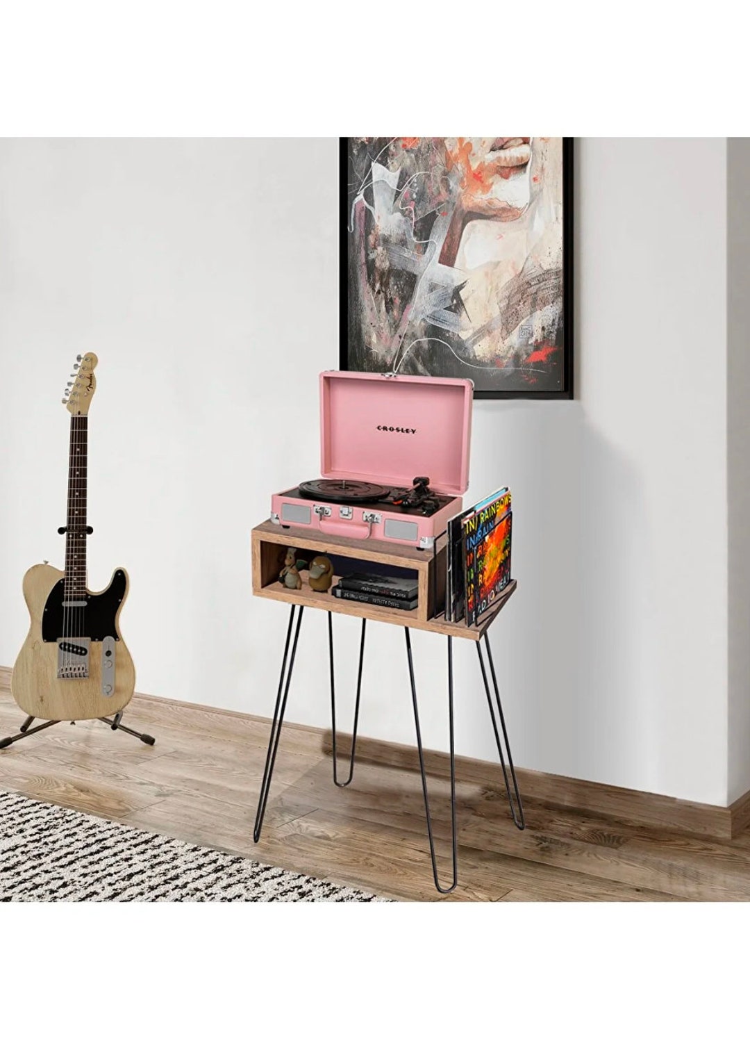 Record Player Table, Retro Style Turntable Stand, Solid Wood Record ...
