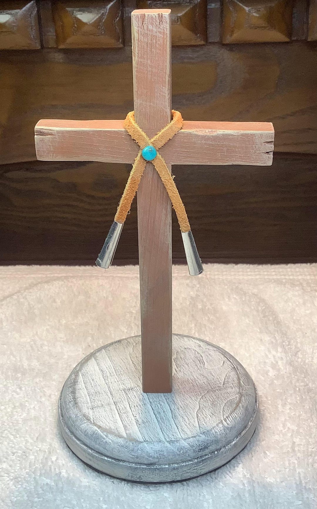 Southwestern Style Wood Cross, Tan Color, Leather Tie With Metal Cones ...