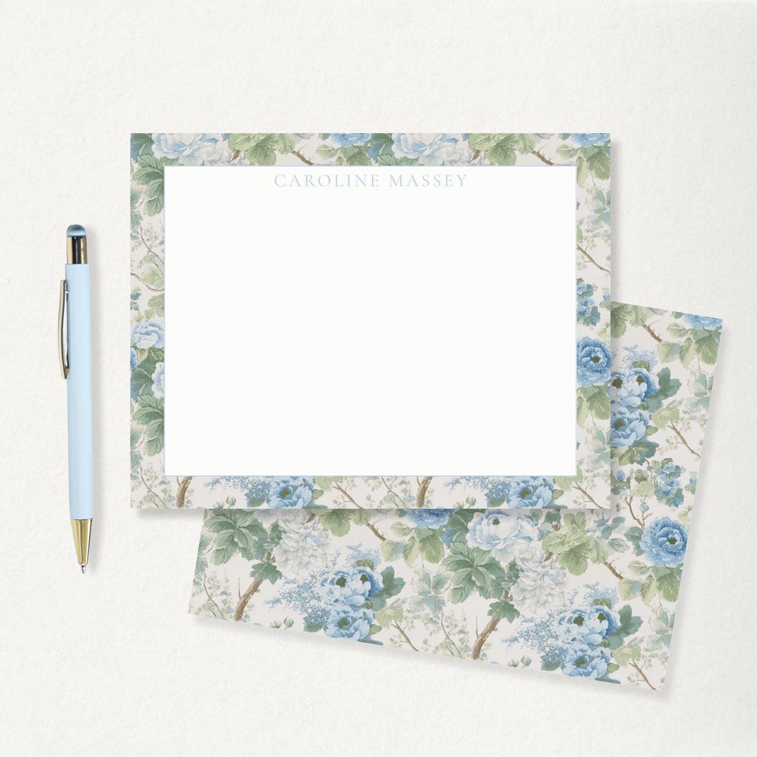 Personalized Blue Floral Note Cards, Custom Chinoiserie Stationery ...