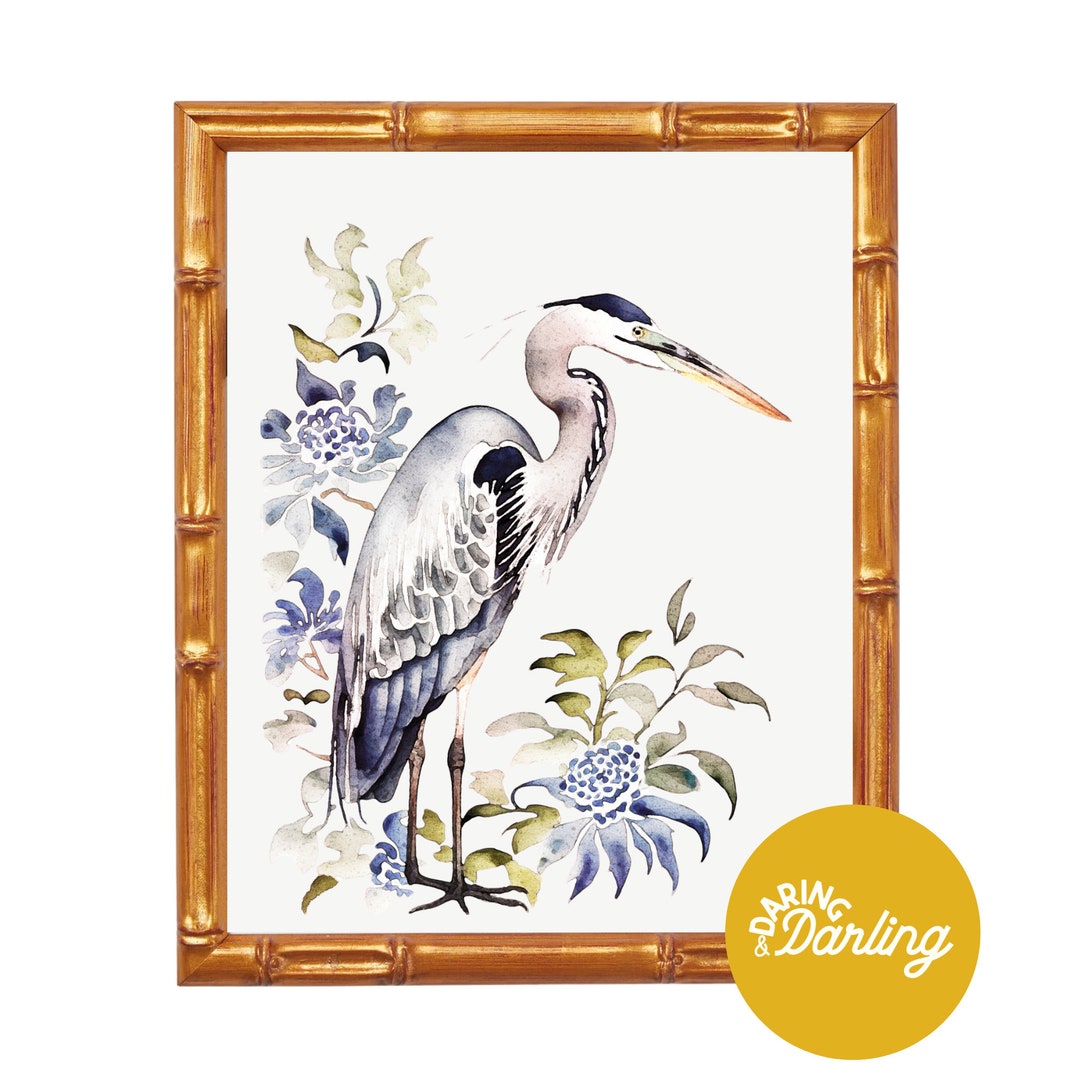 Blue Heron Art Print, Chinoiserie Coastal Decor, Grand Millennial Style ...