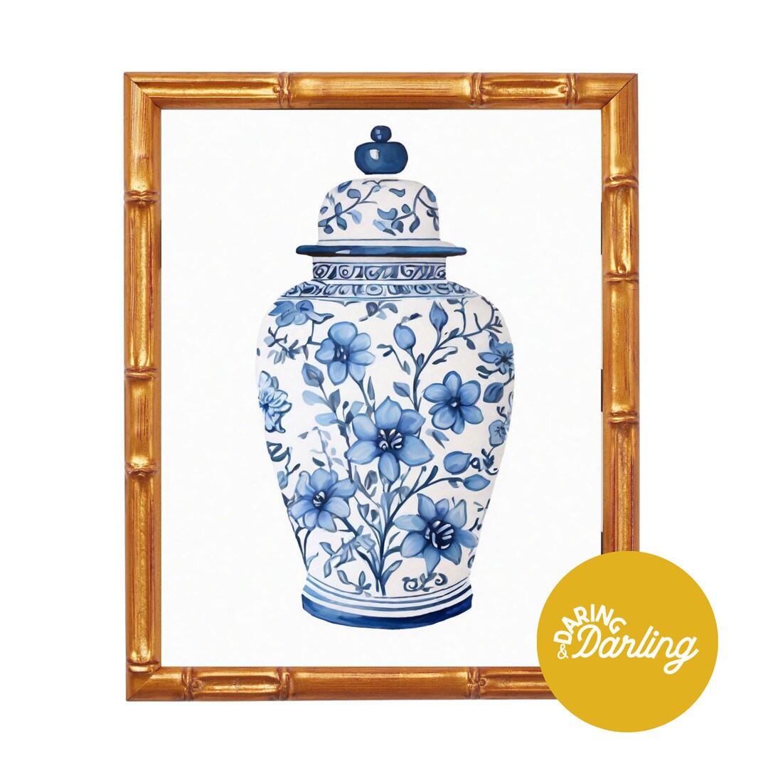 Blue Ginger Jar Art, Grand Millennial Print, Chinoiserie Style, Blue ...