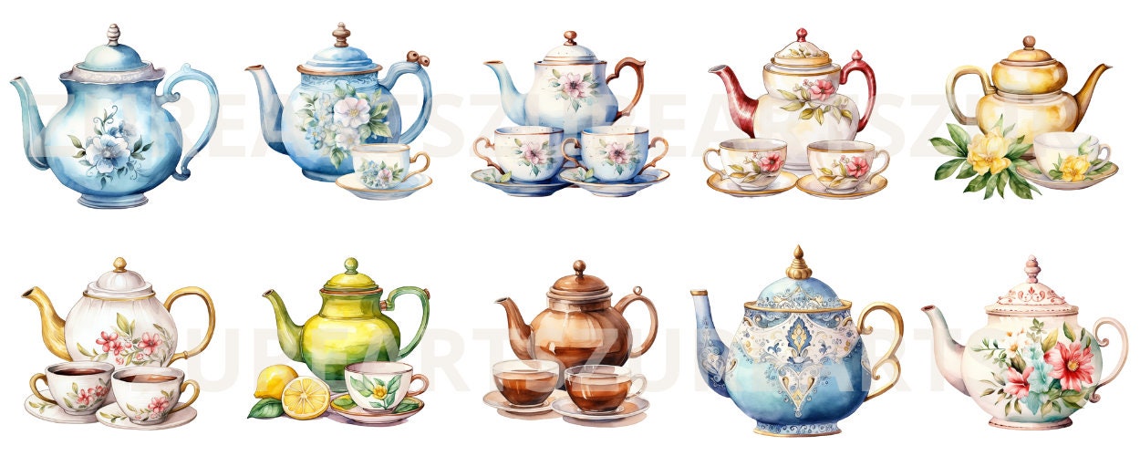 Watercolor Teapots & Tea Sets 20 Cliparts Pack Transparent Background ...