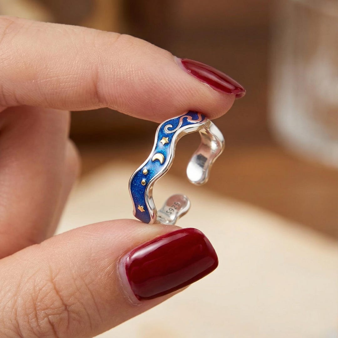 S925 Starry Night Ring, Blue Night Sky With Stars and Moon Ring ...