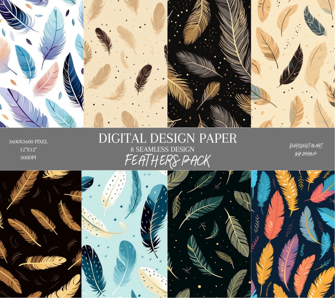 Feathers Pack - Scrapbook Papers Pack- Seamless Patterns - Digital ...