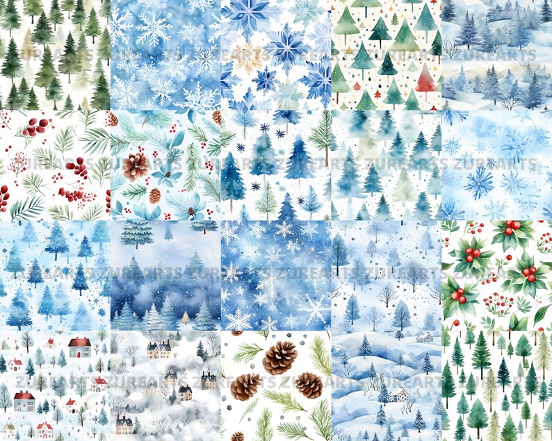 20 Watercolor Winter Seamless Digital Design Pattern Scrapbooking Scrap ...