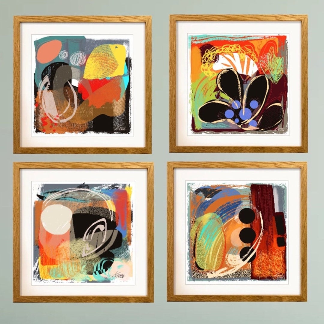 Grouping of 4 Framed Modern Art Prints Wall Decor Prints Colorful ...