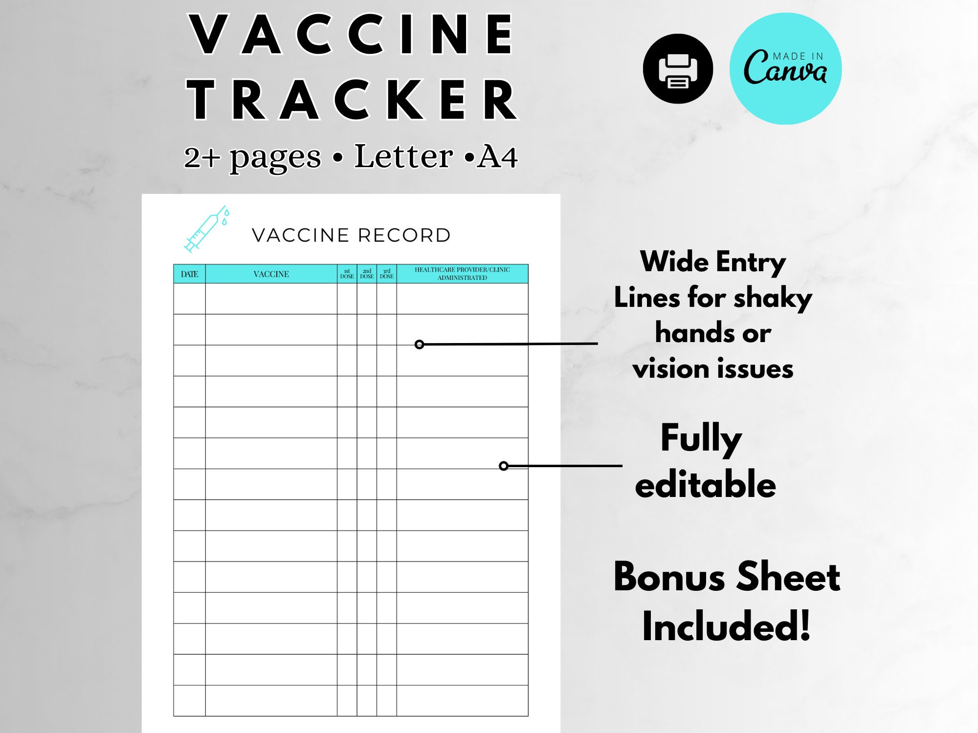 Vaccine Record Tracker Immunization Sheet Vaccination Log Medical ...