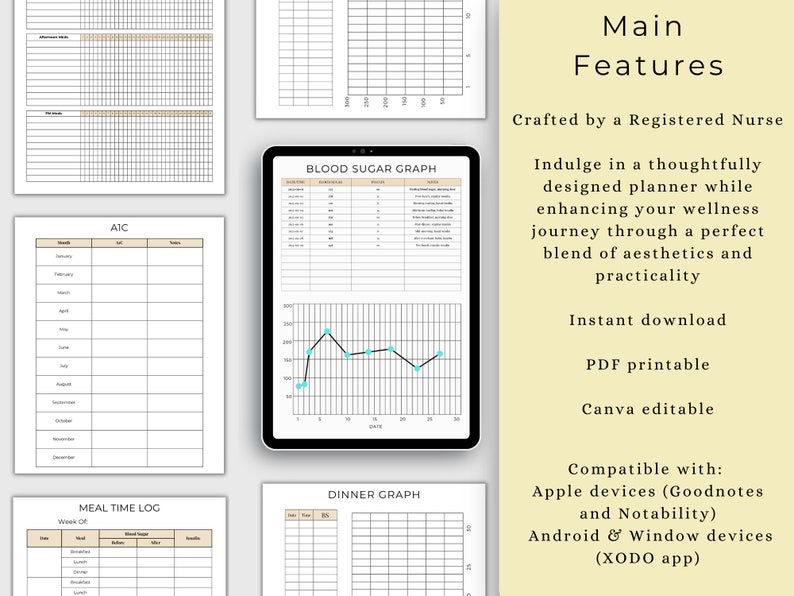 Type 2 Diabetes Blood Sugar Log Glucose Monitoring, T1d Diabetic Meal ...