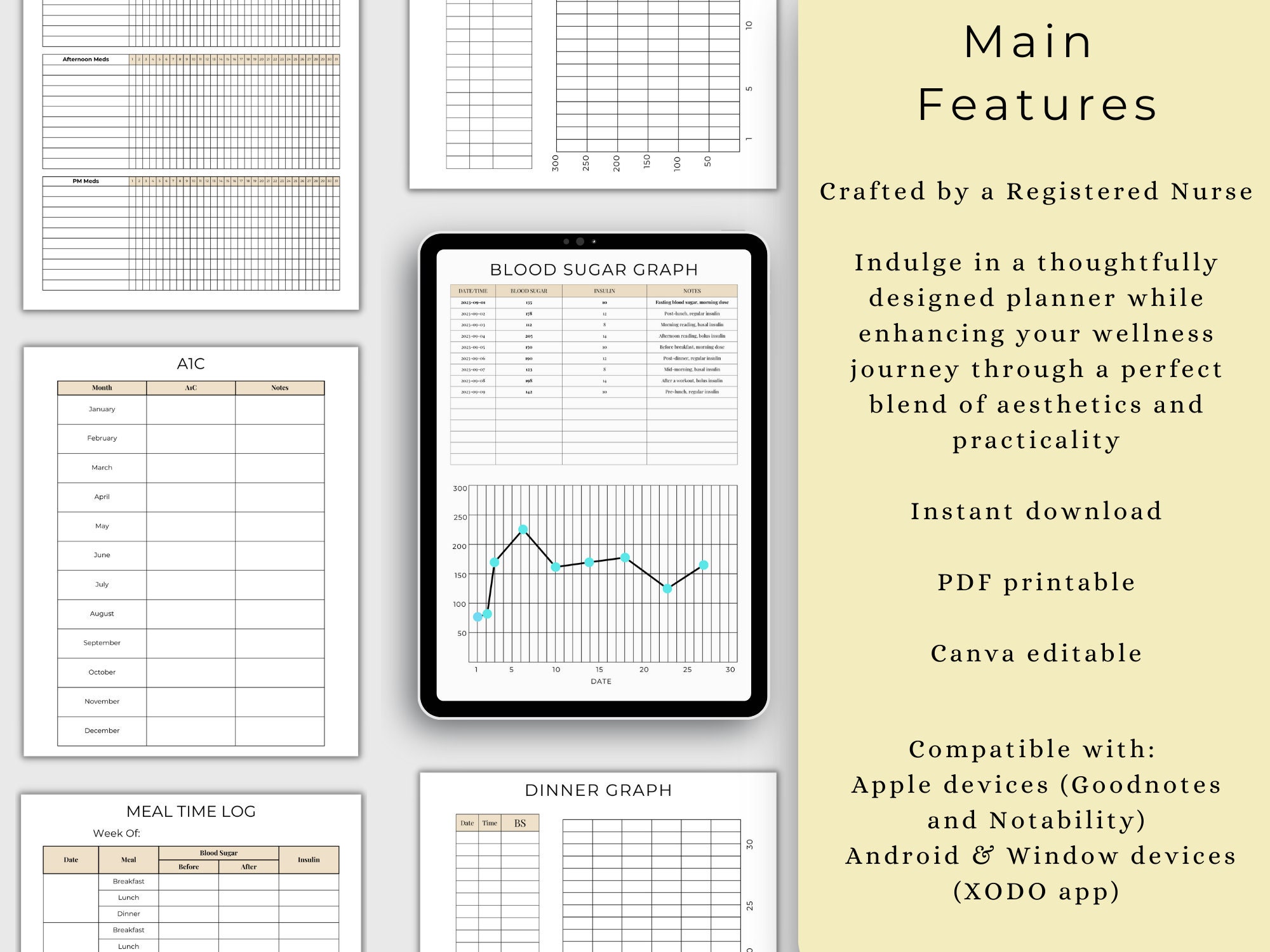 Type 2 Diabetes Blood Sugar Log Glucose Monitoring, T1d Diabetic Meal ...