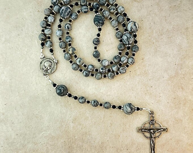 Sterling Silver Rosary: Scenery Jasper, Black Onyx, Sacred Heart of ...