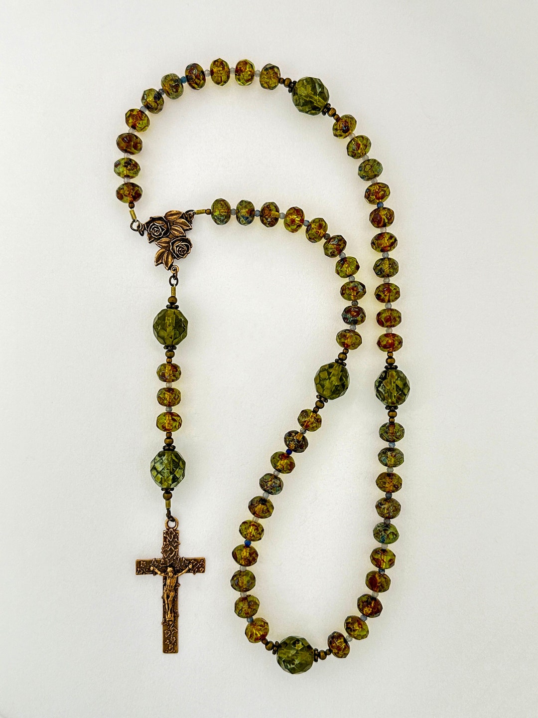 Rosary: Olivine Picasso Glass, Roses & Ivy in Bronze - Etsy
