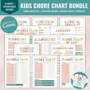 Editable Kids Chore Chart Bundle, Reward Bucks, Allowance Tracker ...