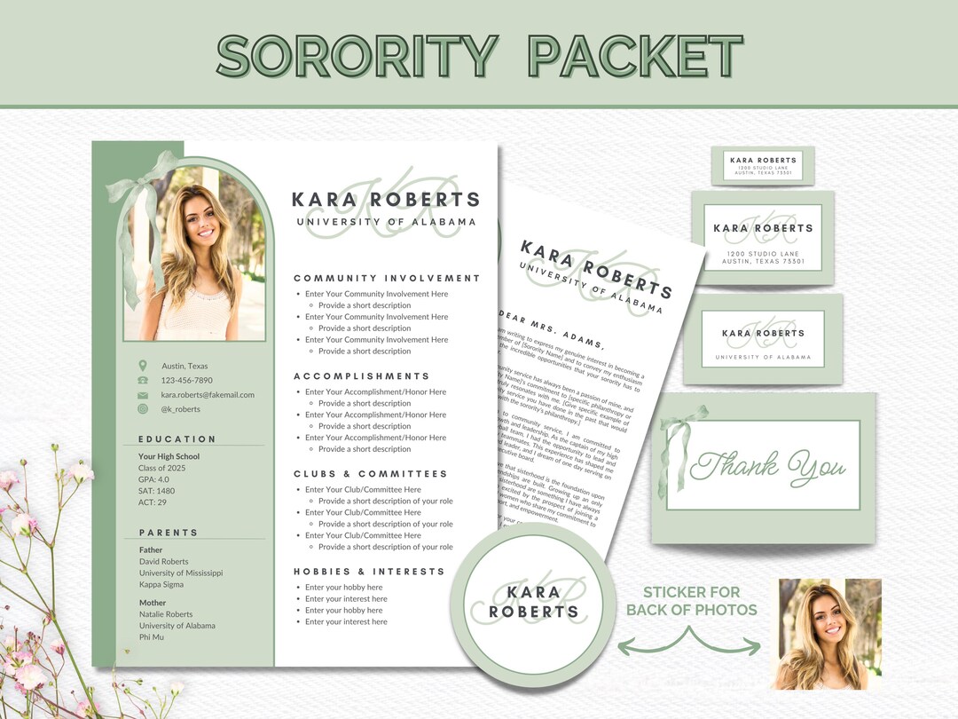 Sage Green Bow Sorority Packet, Sorority Resume Template With Photo ...