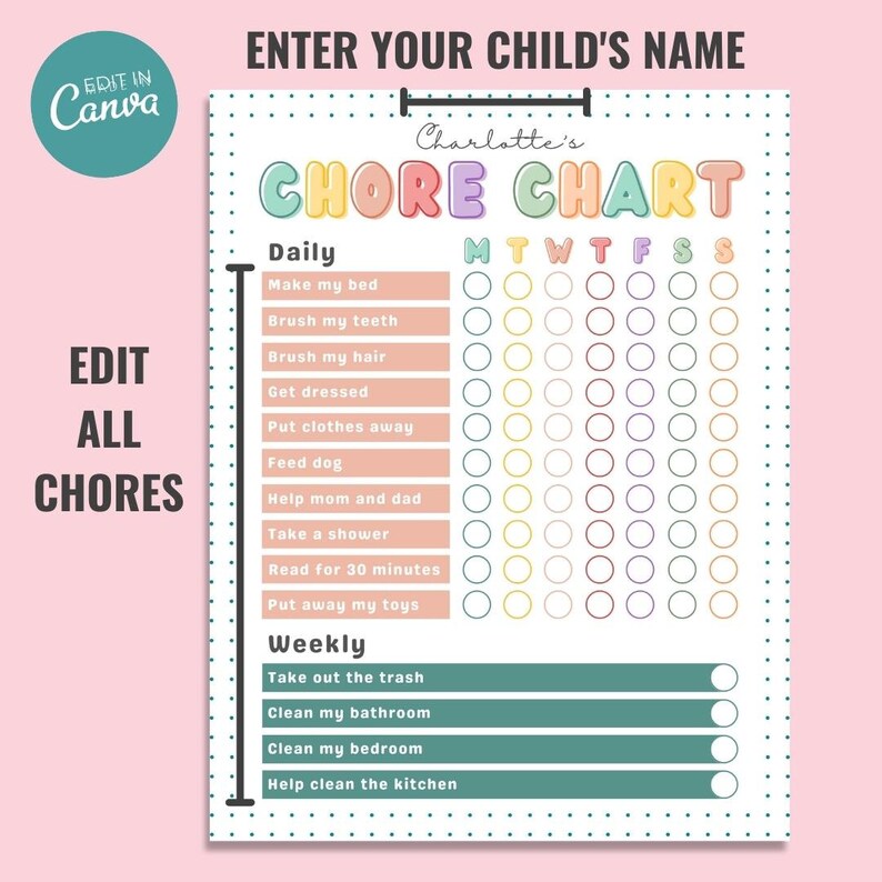 Printable Chore Chart for Kids and Family Responsibility Chart ...