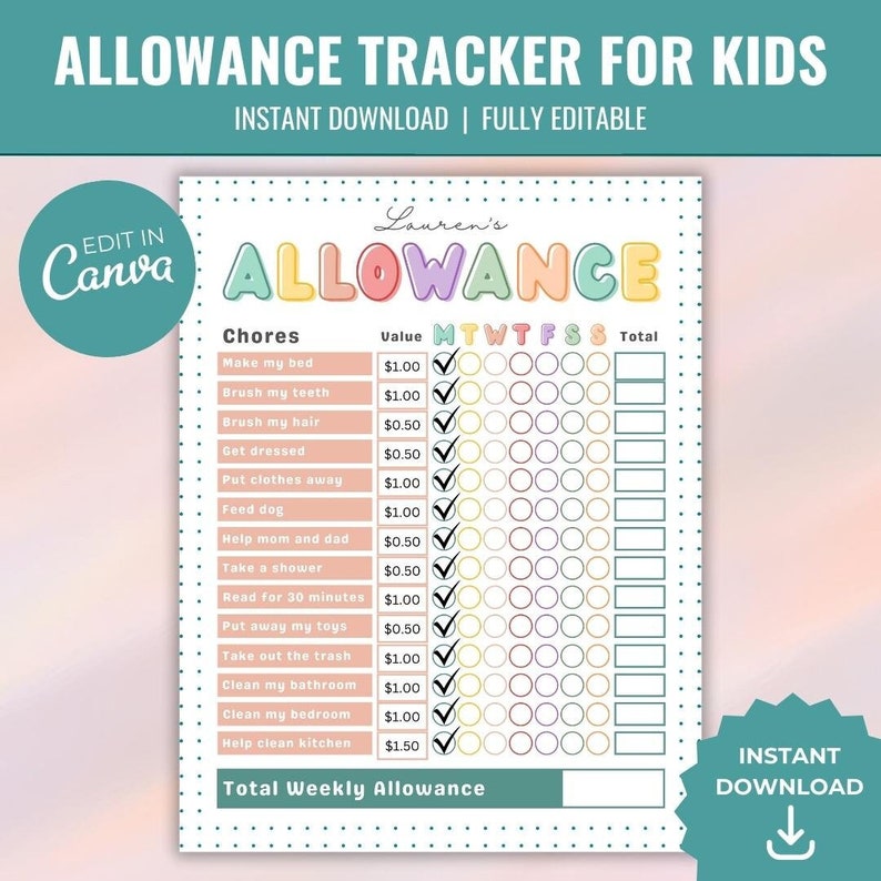 Editable Allowance Chore Chart for Kids, Printable Allowance Tracker ...