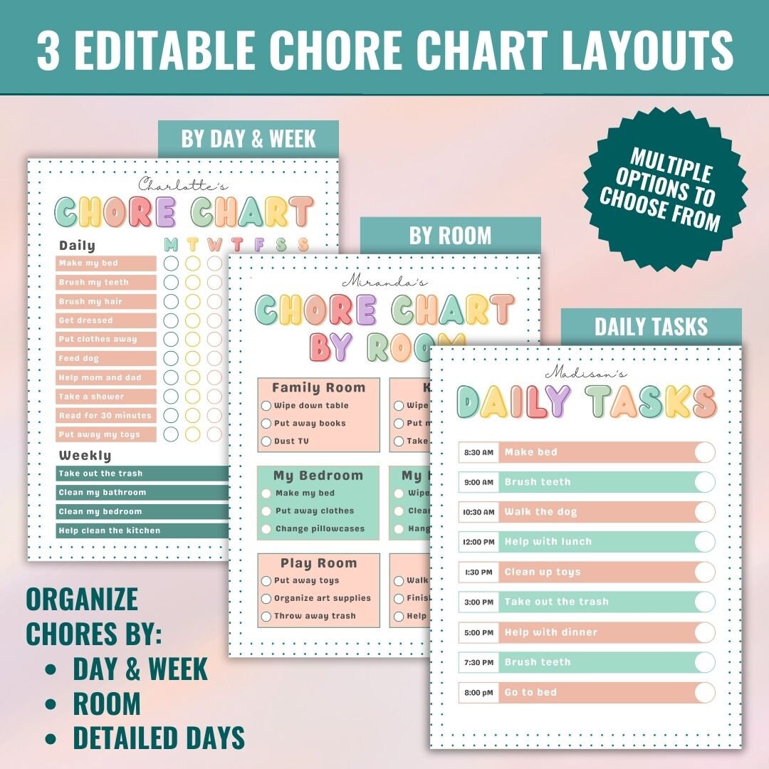 Editable Kids Chore Chart Bundle, Reward Bucks, Allowance Tracker ...