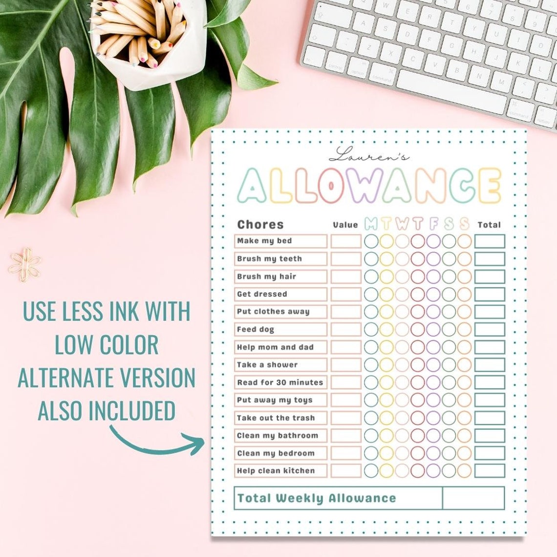 Editable Allowance Chore Chart for Kids, Printable Allowance Tracker ...