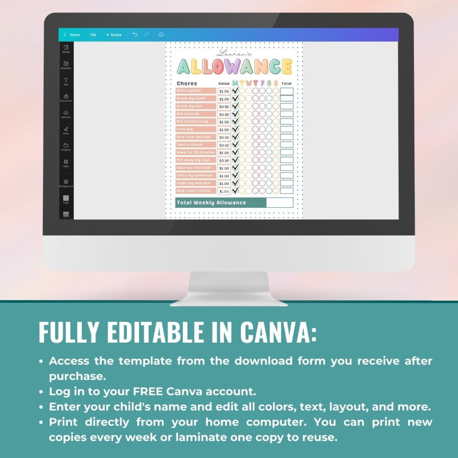Editable Allowance Chore Chart for Kids, Printable Allowance Tracker ...