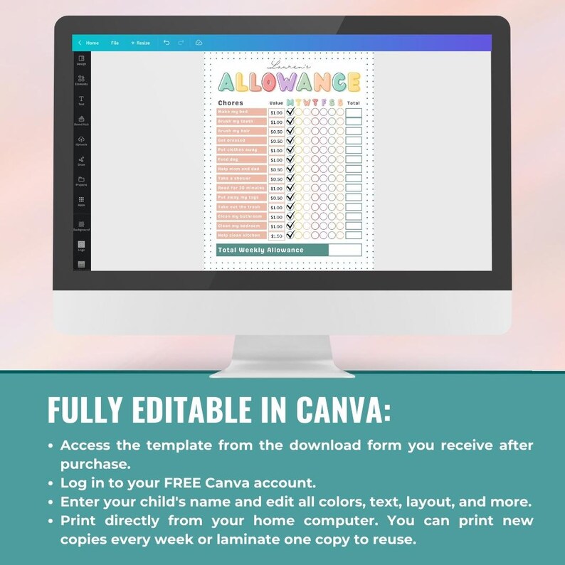 Editable Allowance Chore Chart for Kids, Printable Allowance Tracker ...