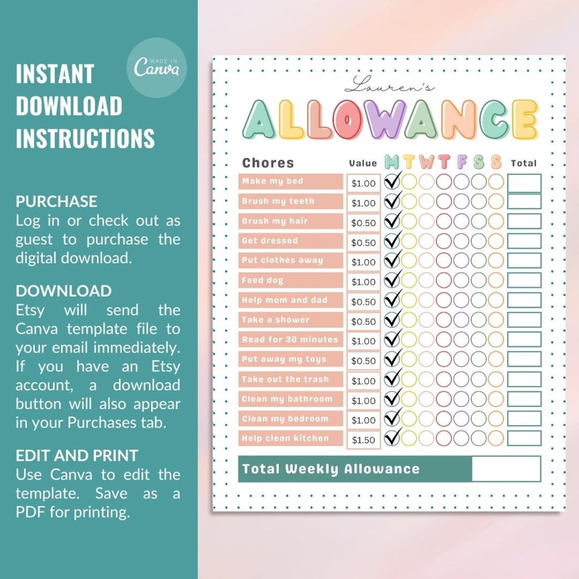 Editable Allowance Chore Chart for Kids, Printable Allowance Tracker ...