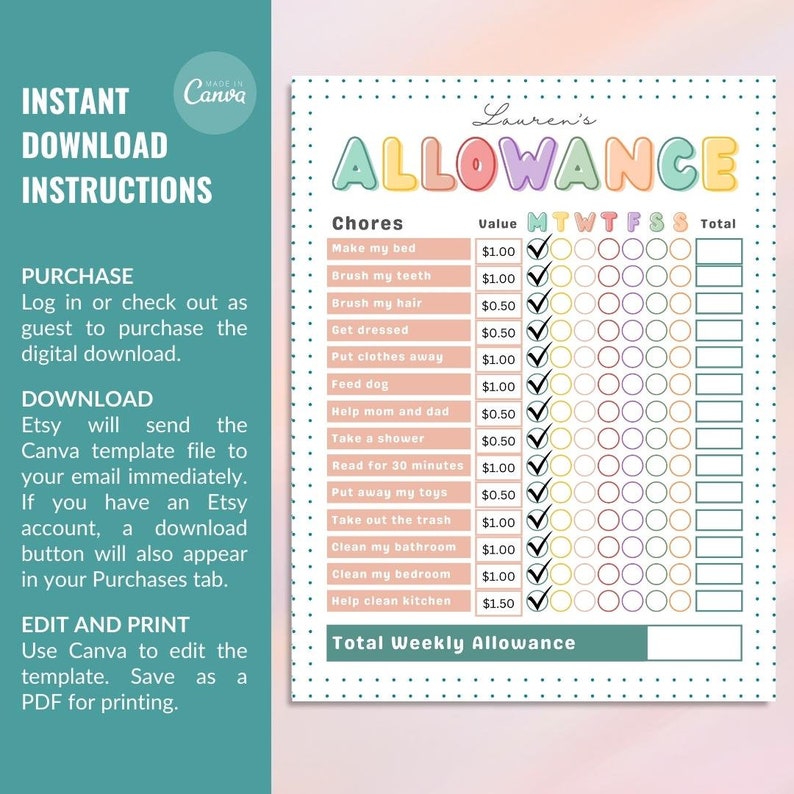 Editable Allowance Chore Chart for Kids, Printable Allowance Tracker ...