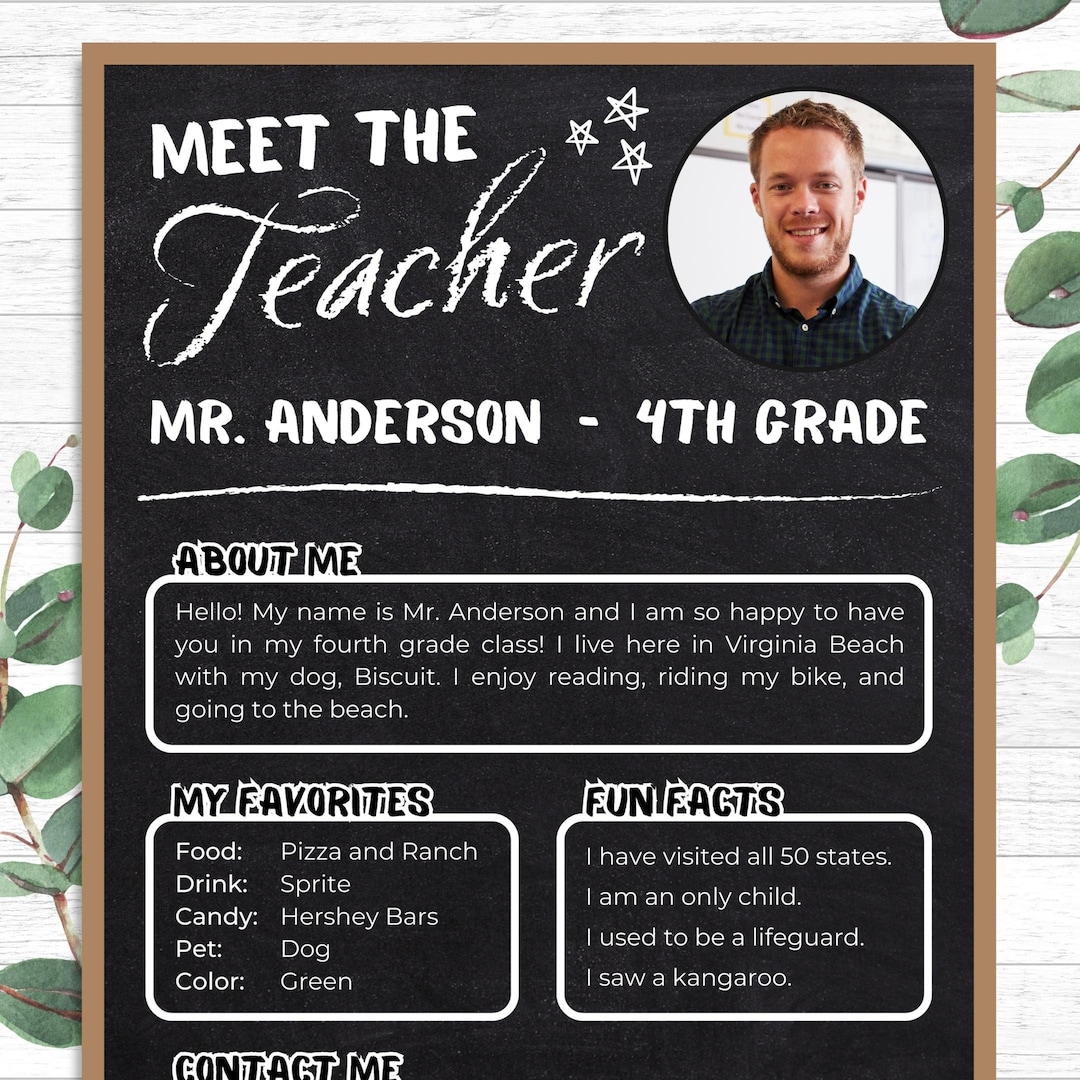 Chalkboard Male Meet the Teacher Template, Editable Printable Canva ...