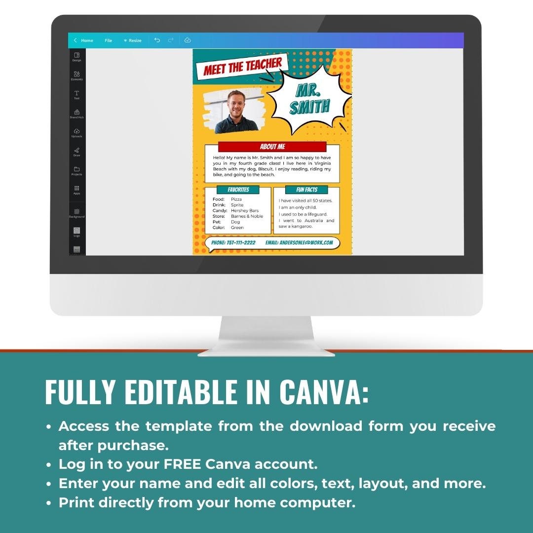 Superhero Male Meet the Teacher Template, Editable Printable Canva ...