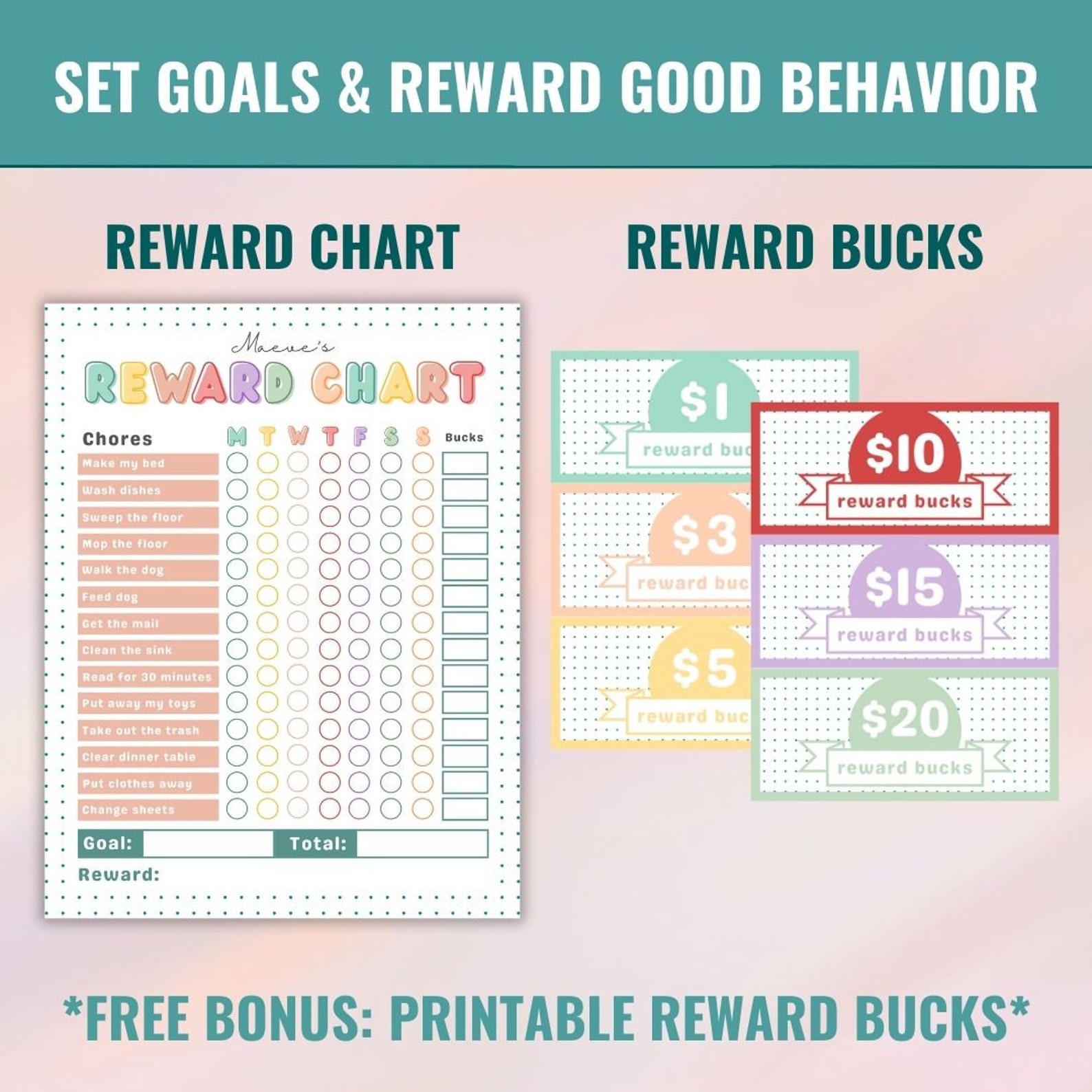 Editable Kids Chore Chart Bundle, Reward Bucks, Allowance Tracker ...