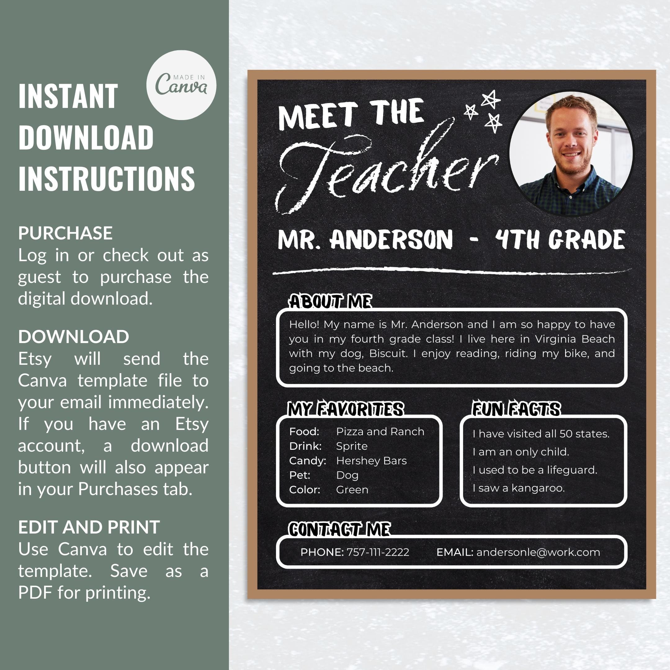 Chalkboard Male Meet the Teacher Template, Editable Printable Canva ...
