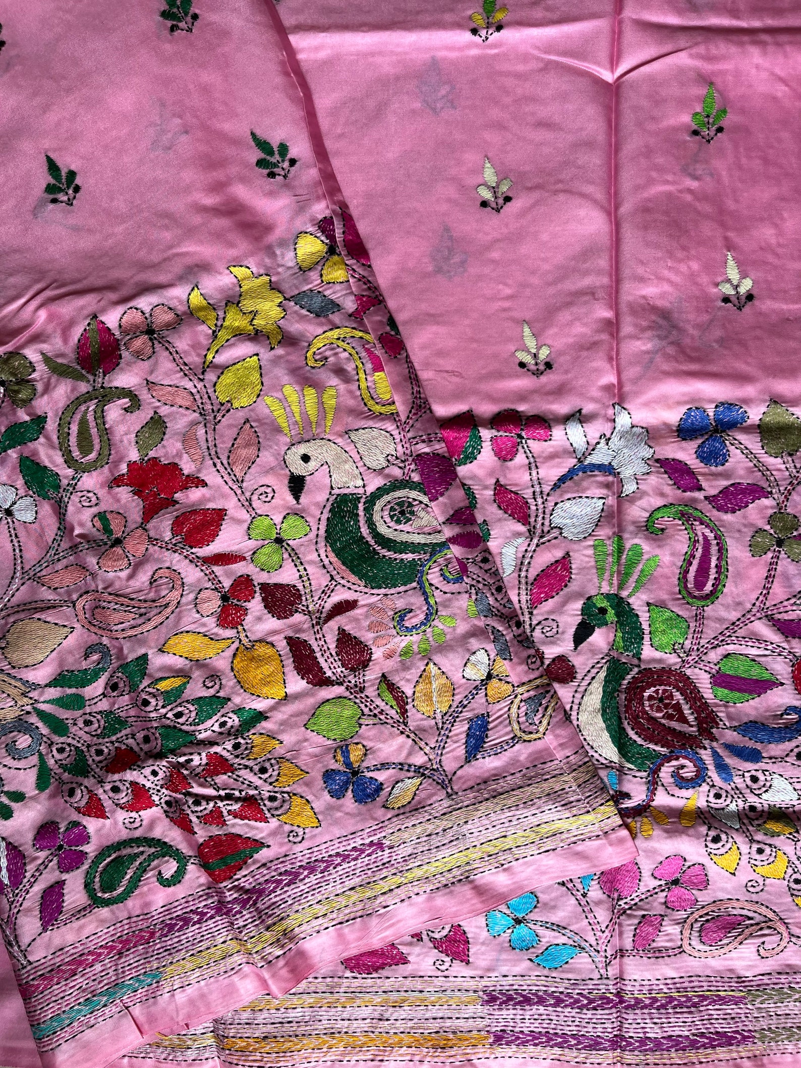 Hand Embroidered Kantha Stitch Saree With Blouse Piece Blended ...