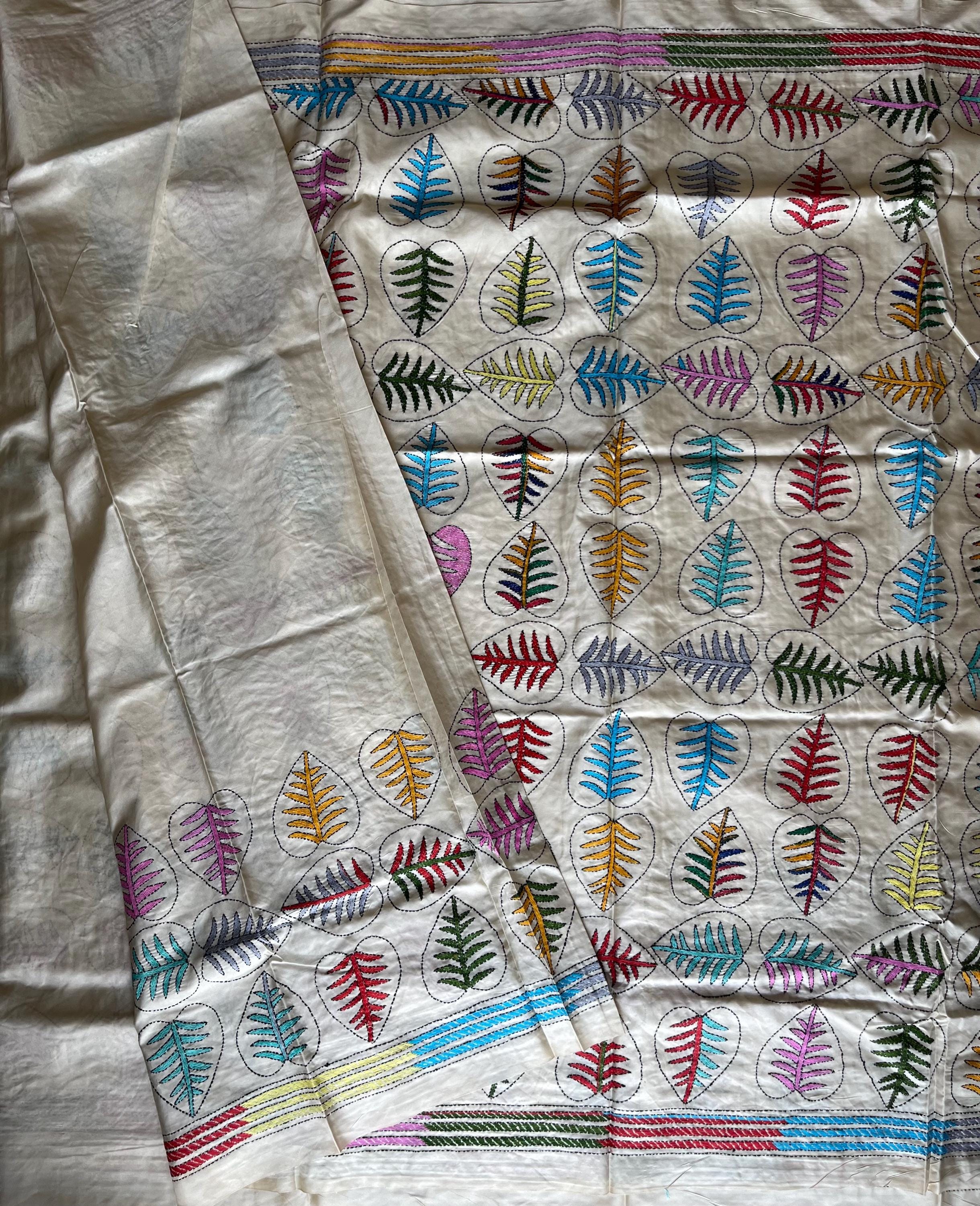 Hand Embroidered Kantha Stitch Saree With Blouse Piece Blended ...
