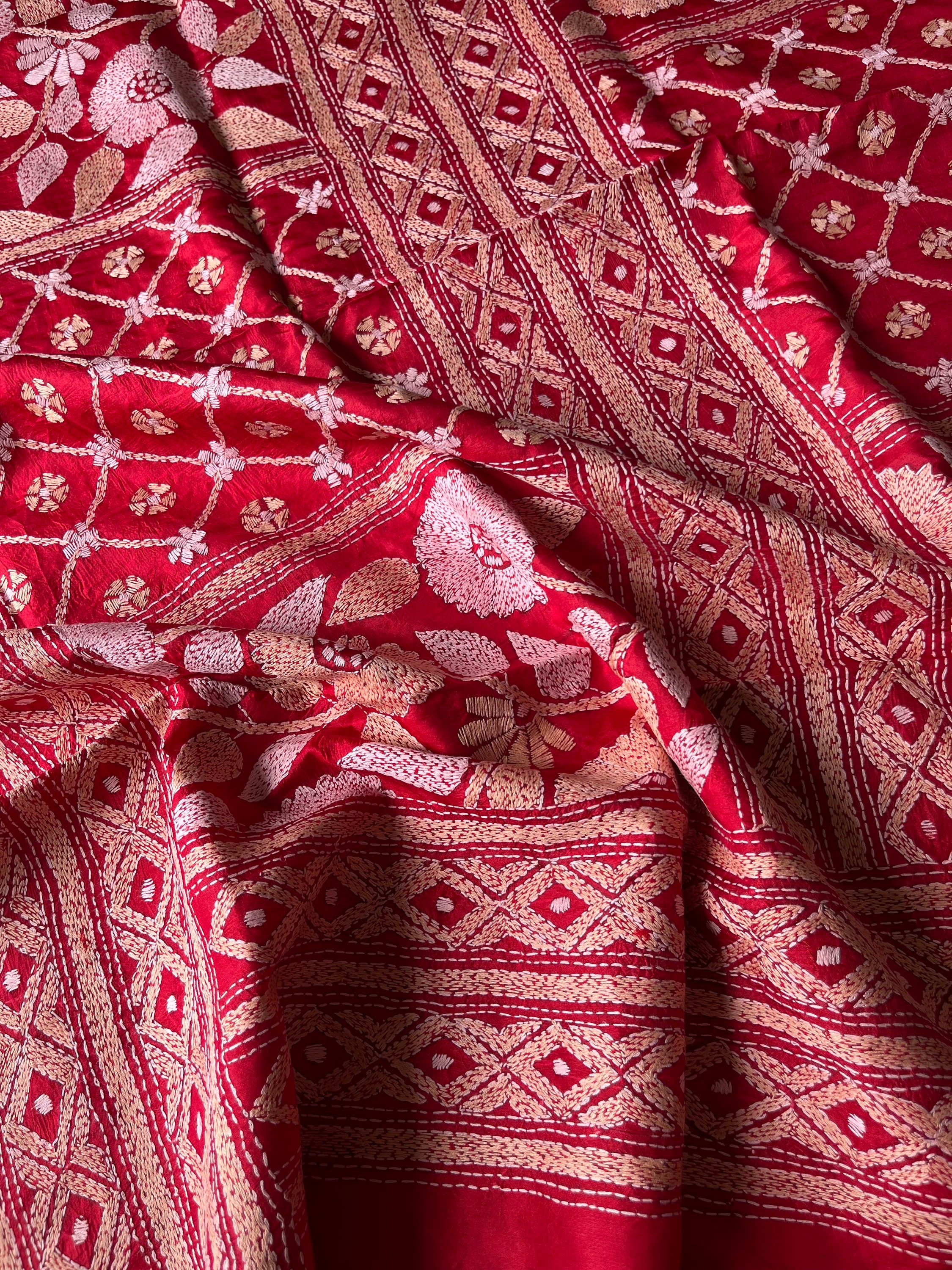 Red Hand Embroidered Kantha Stitch Pure Silk Dupatta Pure Bangalore ...