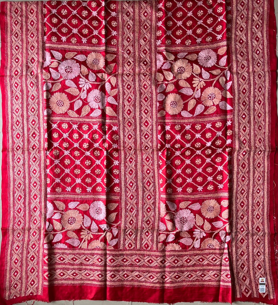 Red Hand Embroidered Kantha Stitch Pure Silk Dupatta Pure Bangalore ...