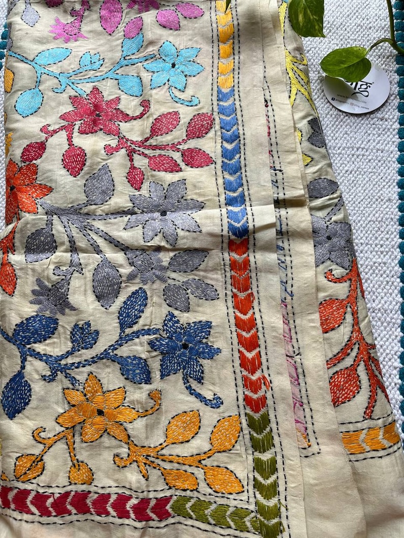 Multicolored Hand Embroidered Kantha Stitch Silk Dupatta Semi Tussar ...