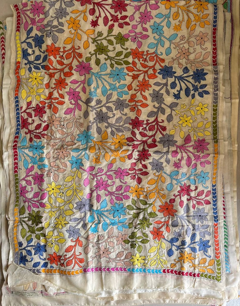 Multicolored Hand Embroidered Kantha Stitch Silk Dupatta Semi Tussar ...