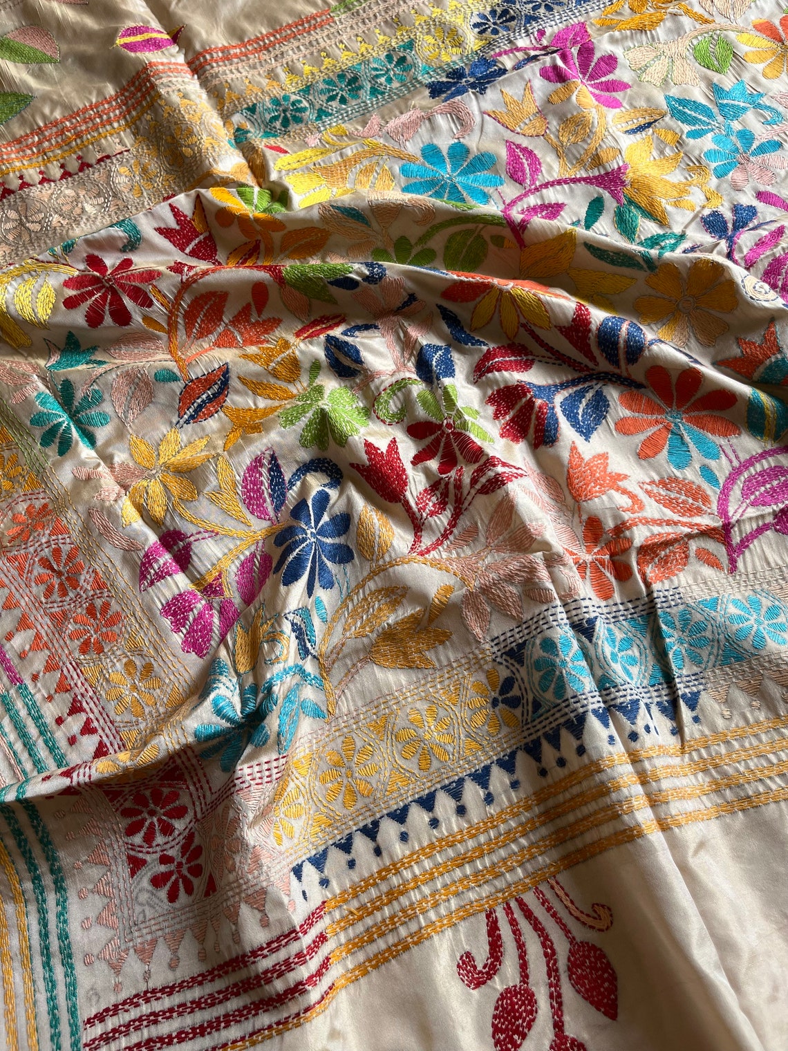 Hand Embroidered Kantha Stitch Saree With Blouse Piece Blended ...