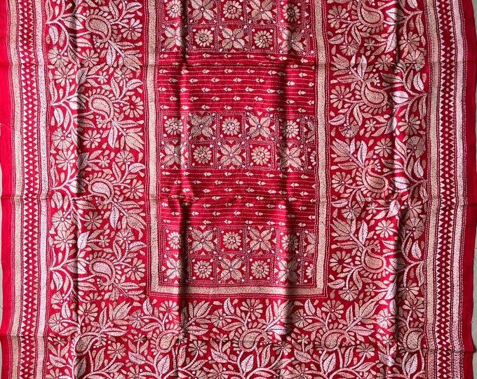 Red Hand Embroidered Kantha Stitch Pure Silk Dupatta | Pure Bangalore ...