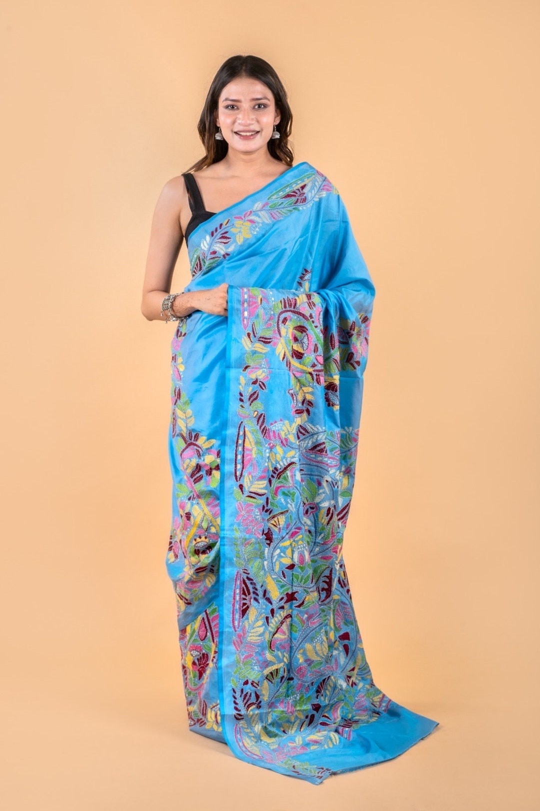 Hand Embroidered Kantha Stitch Saree With Blouse Piece Blended ...