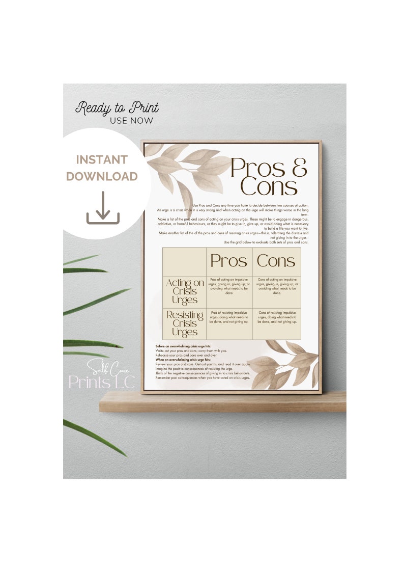 Pros & Cons Poster Worksheet DBT Dialectical Behaviour Therapy Distress ...