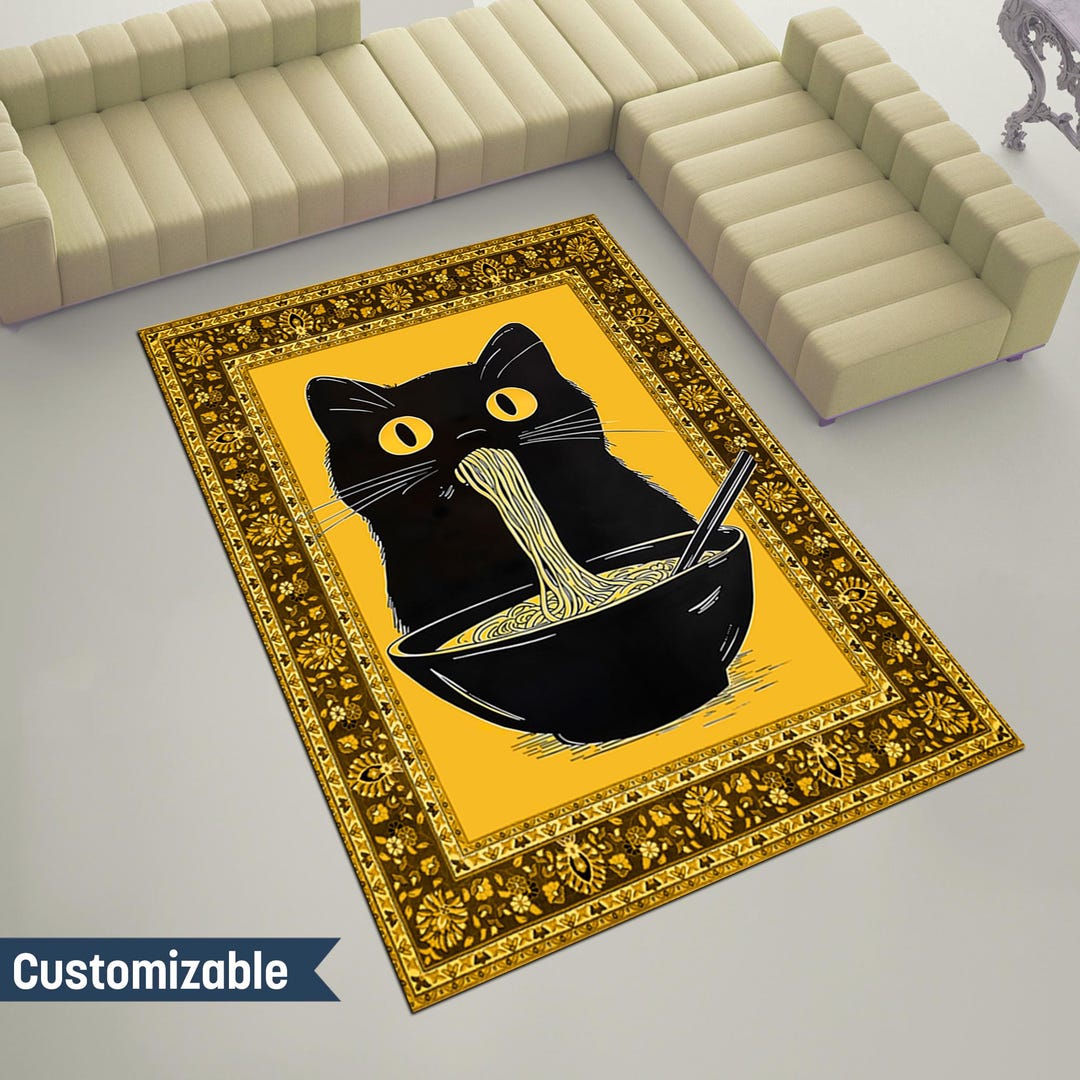 Black Cat Rug, Japanese-style Noodle Cat Carpet, Cat Lover Gift, Gold ...