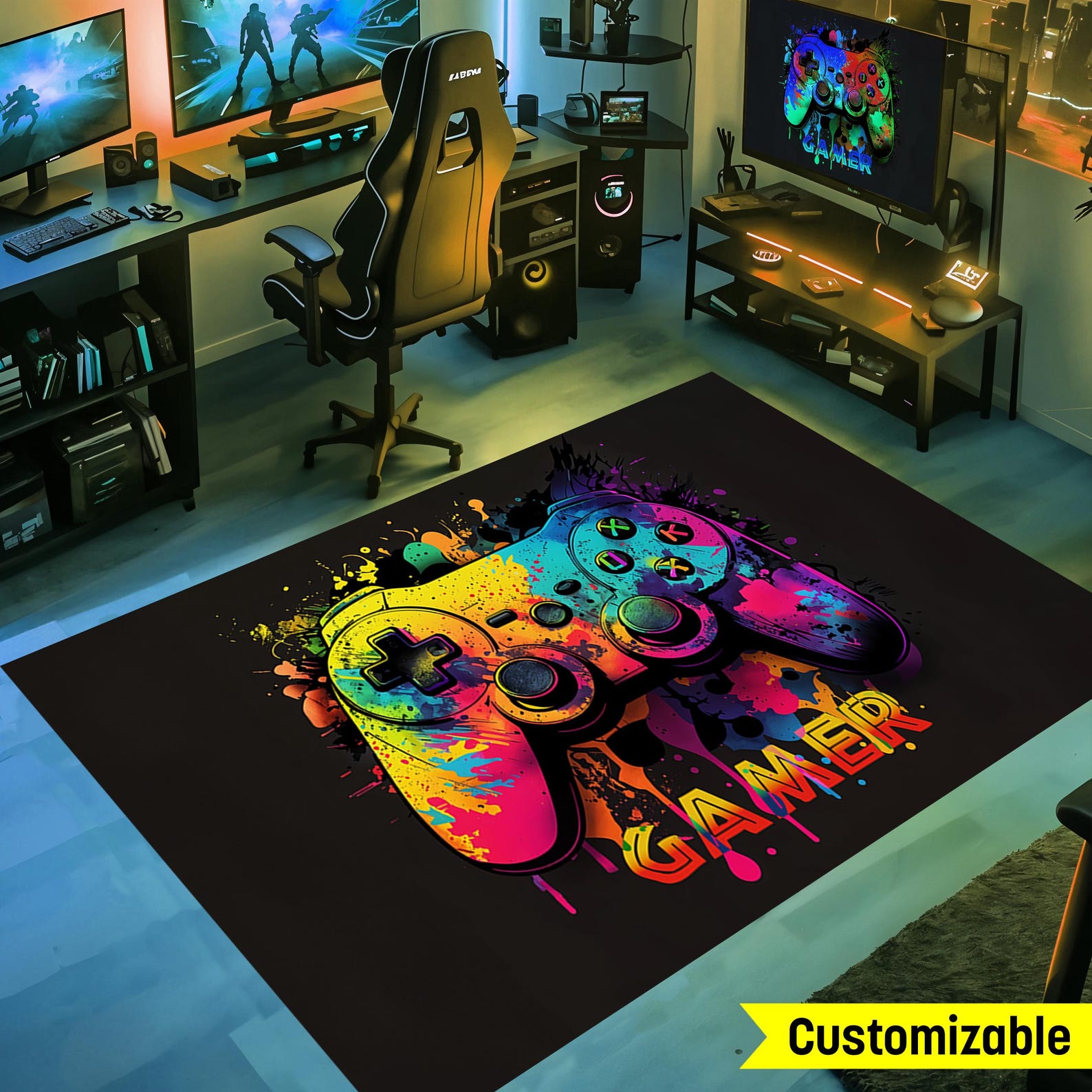 Gamer Rug – Neon Graffiti Game Controller Area Rug, Gaming Room Decor ...
